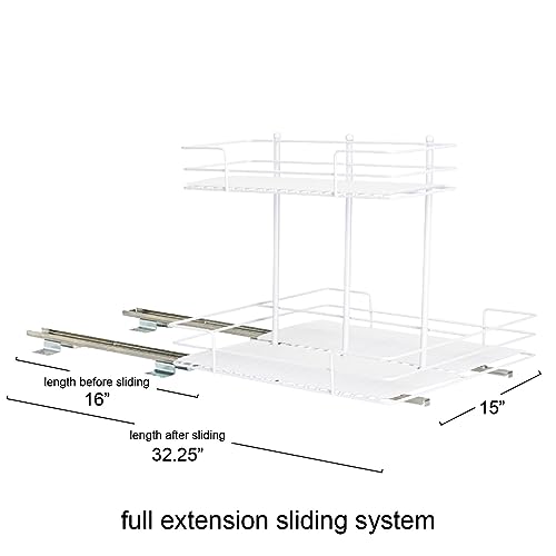 Household Essentials Glidez Paint-Finished Steel Pull-Out/Slide-Out Storage Organizer with Plastic Liners for Under Sink or Cabinet Use- 2 -Tier Design - Fits Standard Size Cabinet or Shelf, White