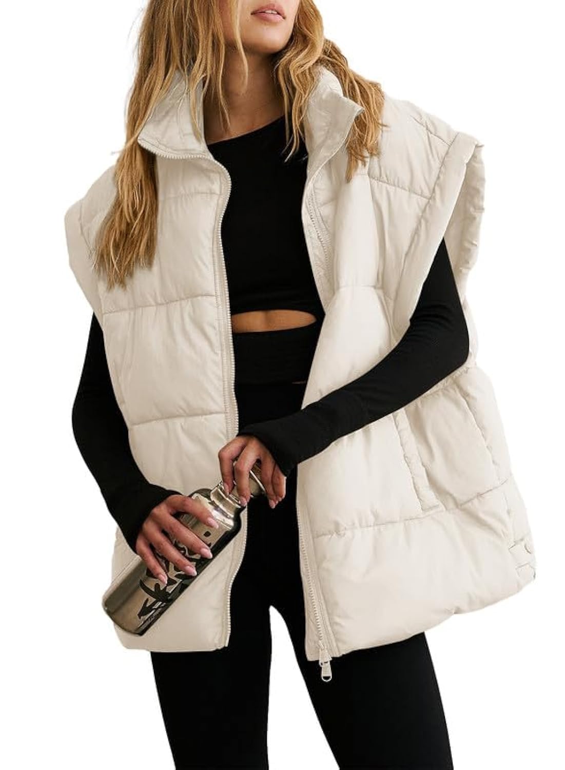 Dokotoo Womens Oversized Apricot Puffer Vest Warm Stand Collar Casual Zip Padded Vest Sleeveless Outerwear Jacket Winter Coats for Women Quilted Vest with Pockets X-Large