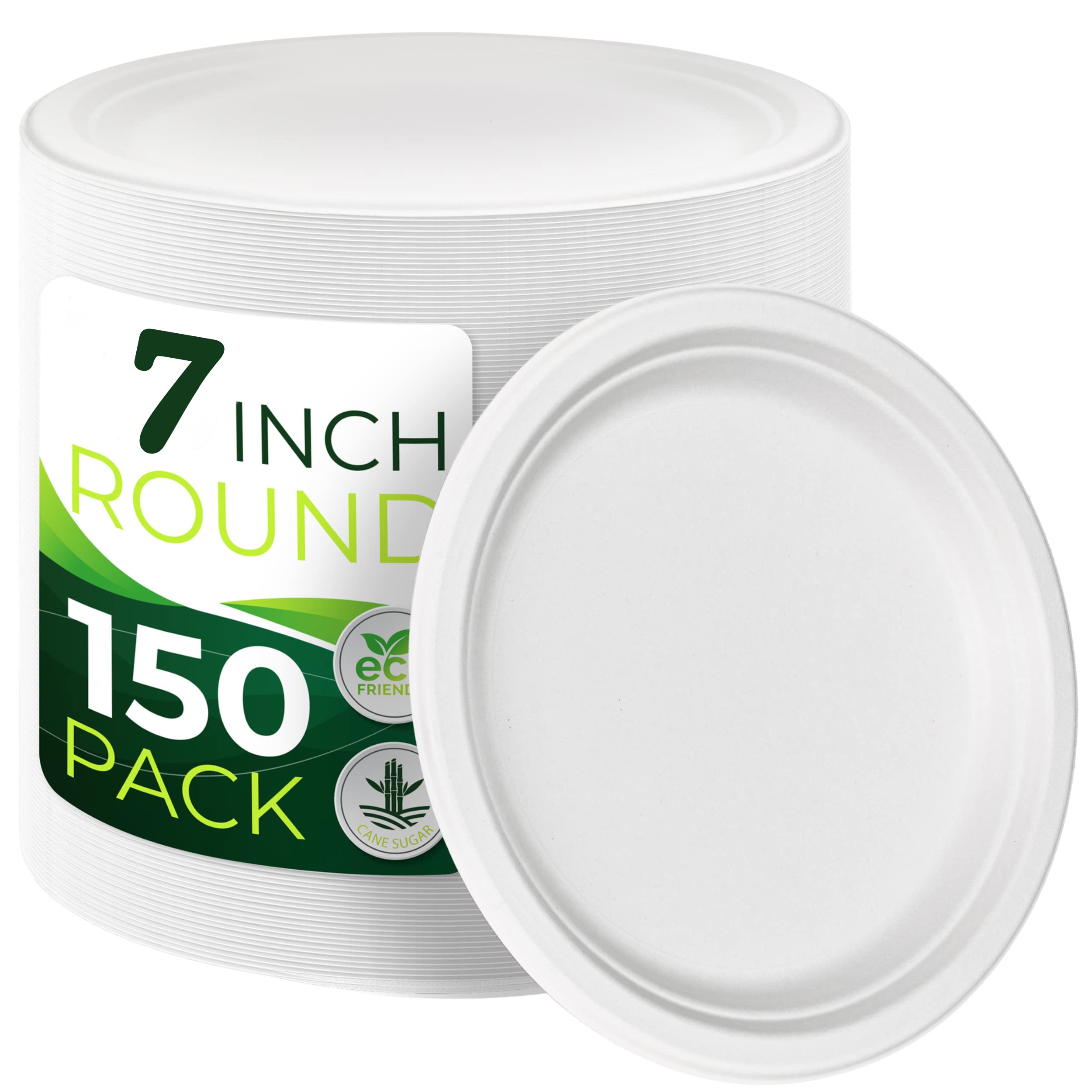 BIRCHIO 150pcs 100% Compostable Small Paper Plates (7 in), Heavy Duty, Eco Friendly Appetizer & Dessert Plates, Biodegradable Sugarcane Fiber