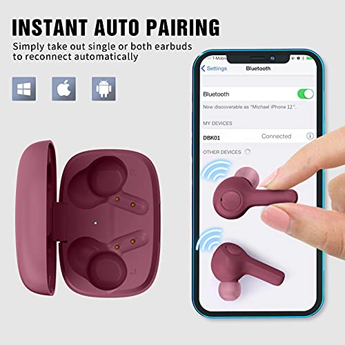 True Wireless Earbuds,with Mics Noise Reduction Touch Control Bluetooth Headphones(Claret Red)