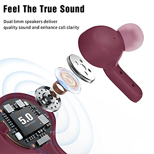 True Wireless Earbuds,with Mics Noise Reduction Touch Control Bluetooth Headphones(Claret Red)