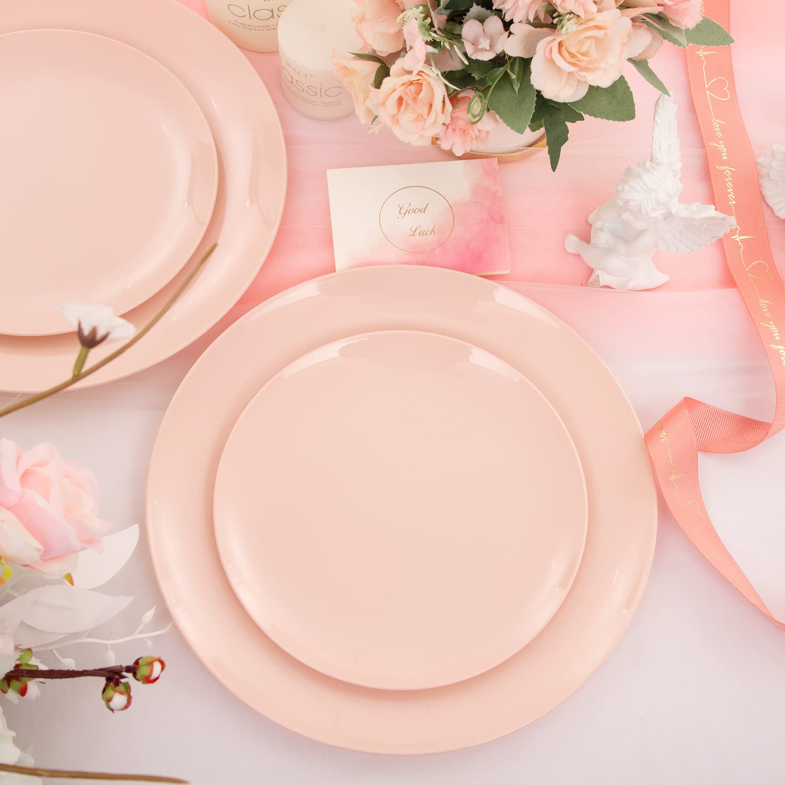 KIRE 60PCS Pink Plastic Plates Disposable-Heavy Duty Pink Plates for Party/Mothers Day/Easter-Include 30Pieces 10.25inch Pink Dinner Plates and 30Pieces 7.5inch Pink Dessert/Salad Plates