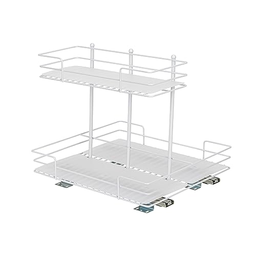 Household Essentials Glidez Paint-Finished Steel Pull-Out/Slide-Out Storage Organizer with Plastic Liners for Under Sink or Cabinet Use- 2 -Tier Design - Fits Standard Size Cabinet or Shelf, White