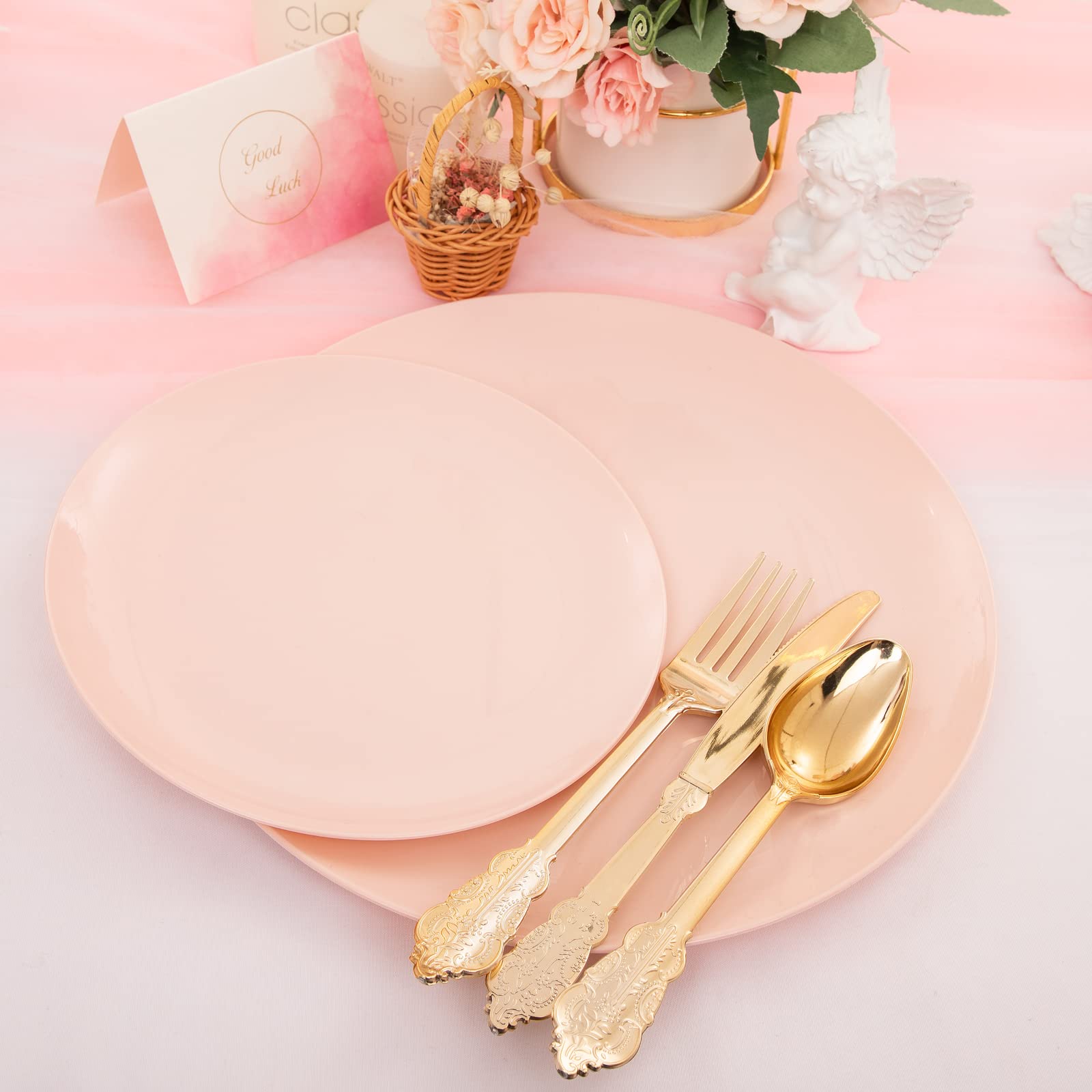 KIRE 60PCS Pink Plastic Plates Disposable-Heavy Duty Pink Plates for Party/Mothers Day/Easter-Include 30Pieces 10.25inch Pink Dinner Plates and 30Pieces 7.5inch Pink Dessert/Salad Plates