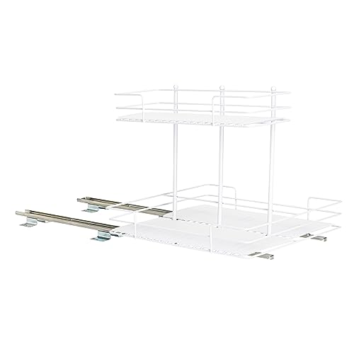 Household Essentials Glidez Paint-Finished Steel Pull-Out/Slide-Out Storage Organizer with Plastic Liners for Under Sink or Cabinet Use- 2 -Tier Design - Fits Standard Size Cabinet or Shelf, White