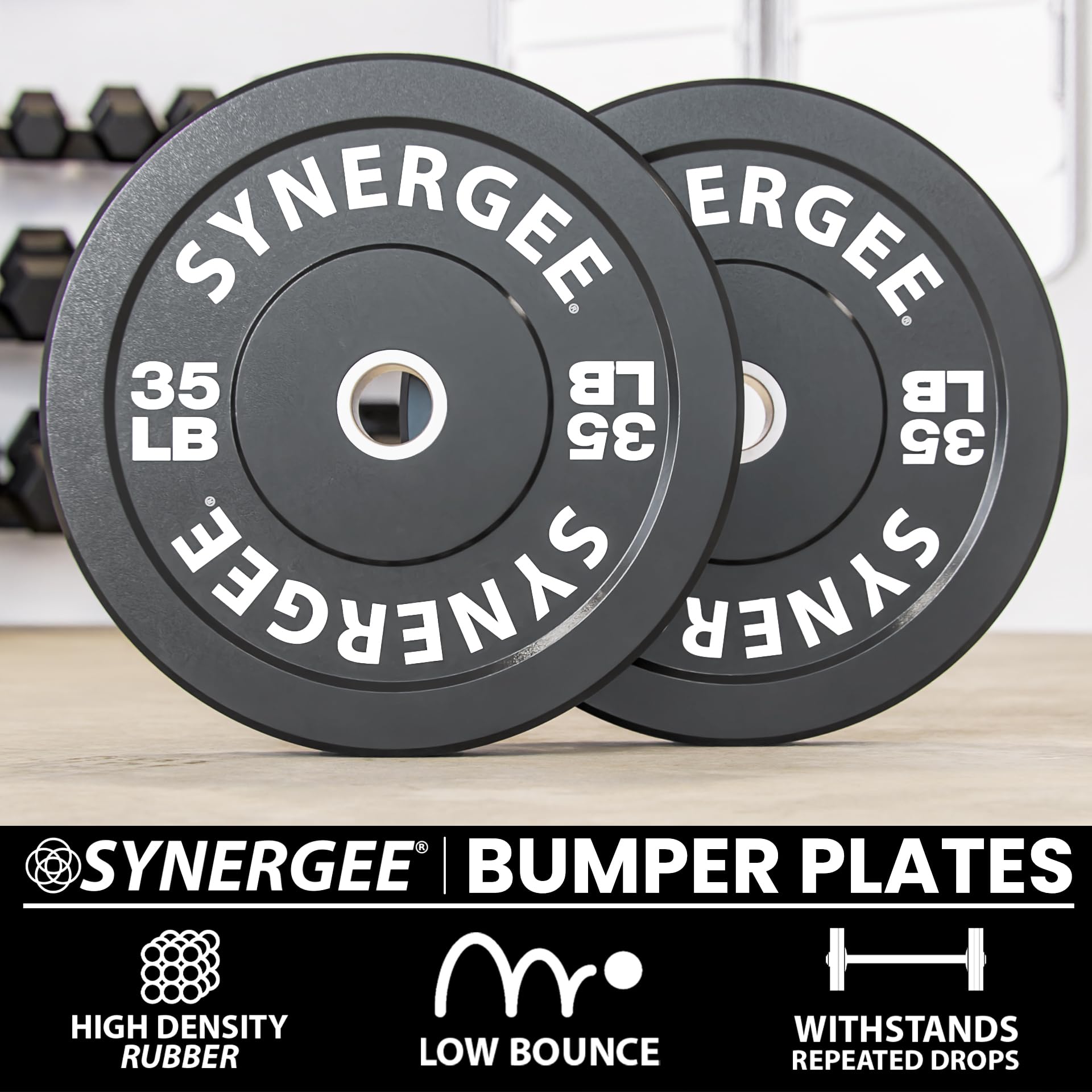 Synergee Bumper Plates β Durable Olympic Weight Plates, Low-Bounce Rubber for Strength Training, Powerlifting, and Functional Workouts.