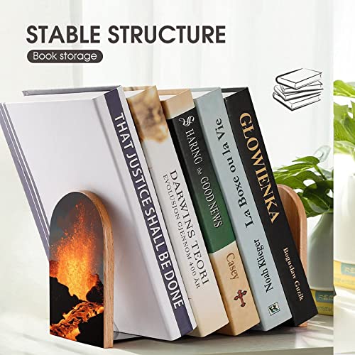 Magma Volcanoes Eruption Wooden Bookends 1 Pair Book Stand Anti-Skid Book Organiser for Office Desktops Shelves CDs Decor