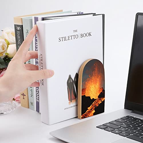 Magma Volcanoes Eruption Wooden Bookends 1 Pair Book Stand Anti-Skid Book Organiser for Office Desktops Shelves CDs Decor