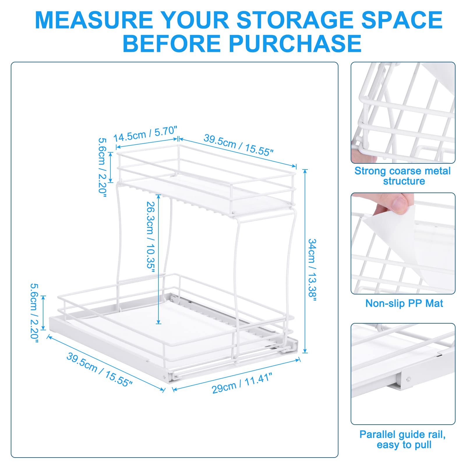 uxcell Pull Out Cabinet Organizer, 2-Tier Under Sink Slide Out Storage Shelf, 14.7" L x 10.8" W x 13.3" H Bathroom Organizer Kitchen Storage with Sliding Drawer, White