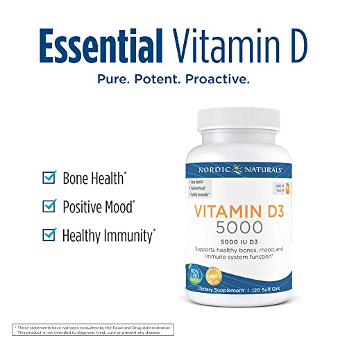 Nordic Naturals Vitamin D3 5000, Orange - 120 Mini Soft Gels - 5000 IU Vitamin D3 - Supports Healthy Bones, Mood & Immune System Function - Non-GMO - 120 Servings