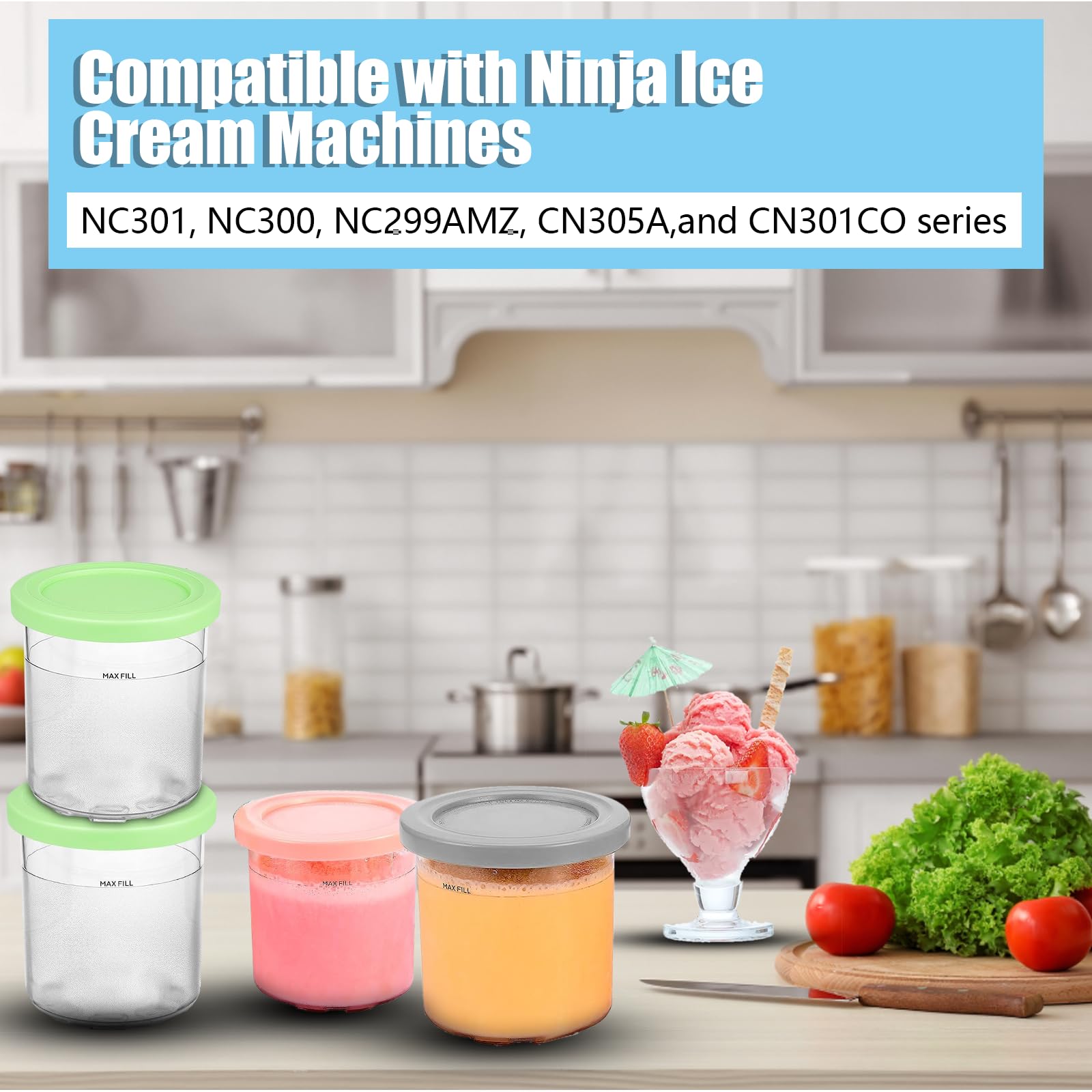 4pcs Ice Cream Pint Containers Replacement for Ninja Creami Pints and Lids, Compatible with NC301 NC300 NC299AMZ Series Ice Cream Maker, Dishwasher Safe & BPA-Free Leak Proof Ice Cream Container Box