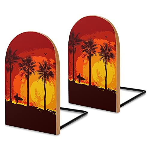 Palm Trees and A Surfer Wood Bookends Book Stand Book Ends Non Skid Book Holder for Home Office School Study(Logs)