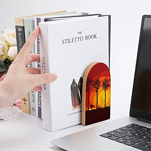 Palm Trees and A Surfer Wood Bookends Book Stand Book Ends Non Skid Book Holder for Home Office School Study(Logs)