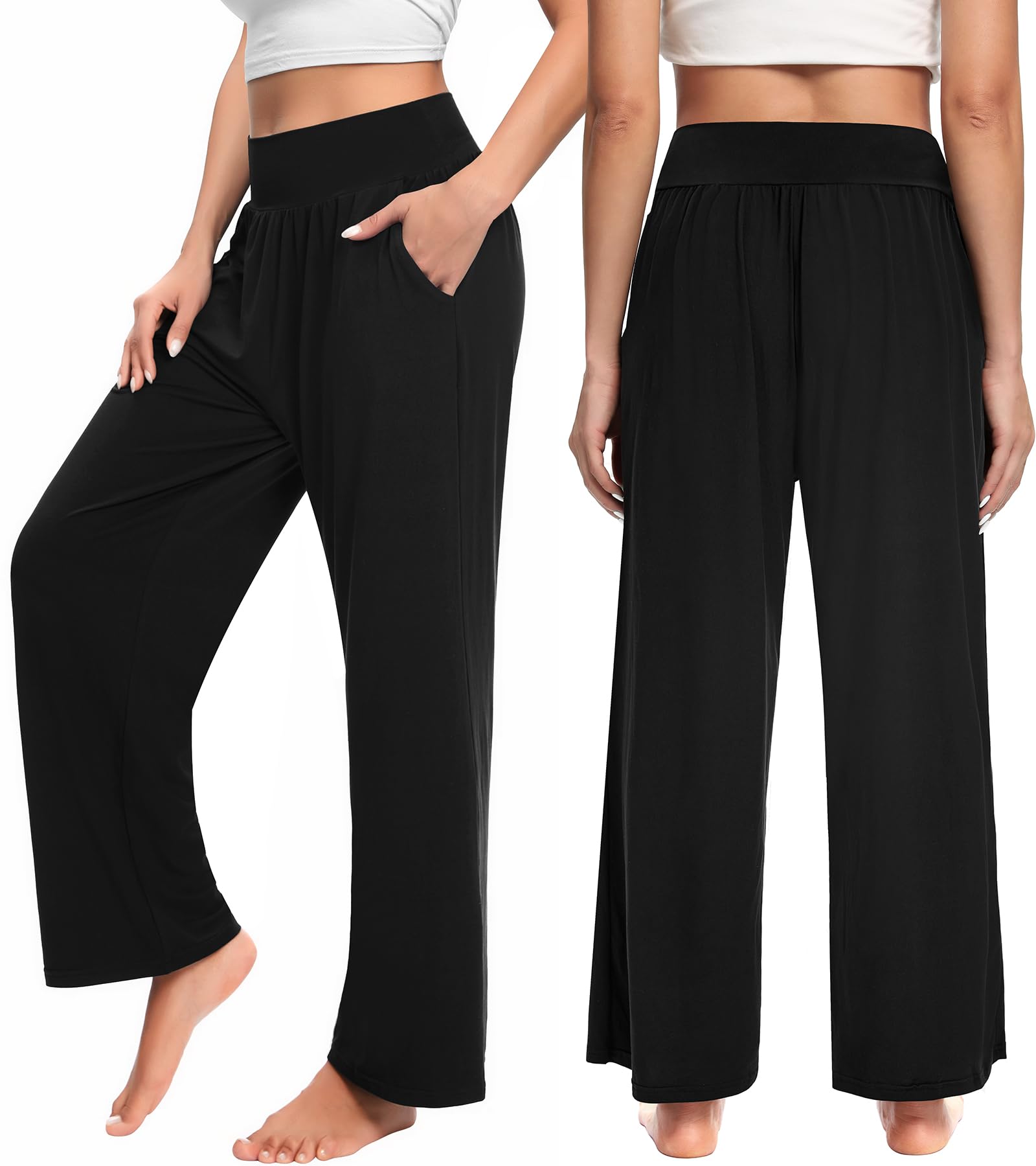 OLIKEME Womens Yoga Pants with Pockets High Waisted Casual Loose Wide Leg Lounge Quick Dry Sweatpants Plus Size (Black-XXL)