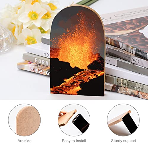 Magma Volcanoes Eruption Wooden Bookends 1 Pair Book Stand Anti-Skid Book Organiser for Office Desktops Shelves CDs Decor