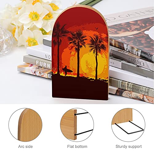 Palm Trees and A Surfer Wood Bookends Book Stand Book Ends Non Skid Book Holder for Home Office School Study(Logs)
