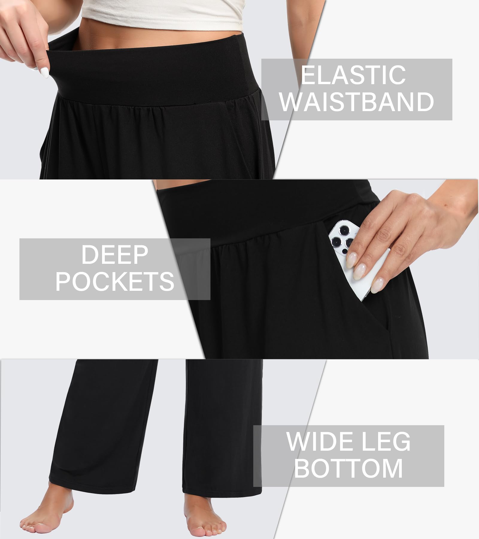 OLIKEME Womens Yoga Pants with Pockets High Waisted Casual Loose Wide Leg Lounge Quick Dry Sweatpants Plus Size (Black-XXL)