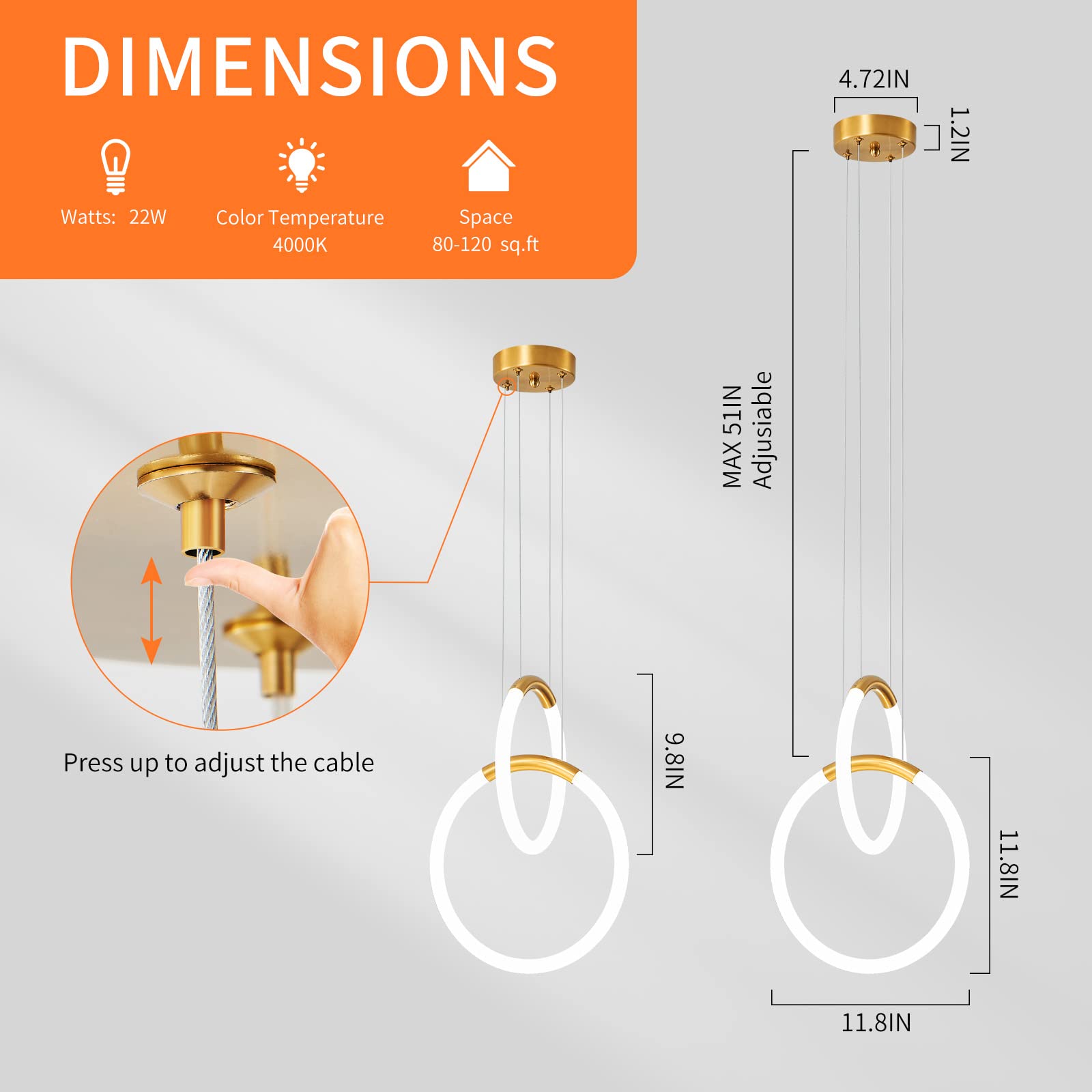 PENACINY Modern LED Pendant Light Fixtures, 22W Adjustable 2 Ring Gold Pendant Lighting,Circular Hanging Chandelier for Kitchen Island Dining Room Bedroom Entryway Hallway,D11.8+D 9.8" 4000K