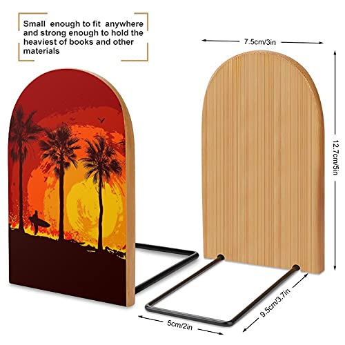 Palm Trees and A Surfer Wood Bookends Book Stand Book Ends Non Skid Book Holder for Home Office School Study(Logs)