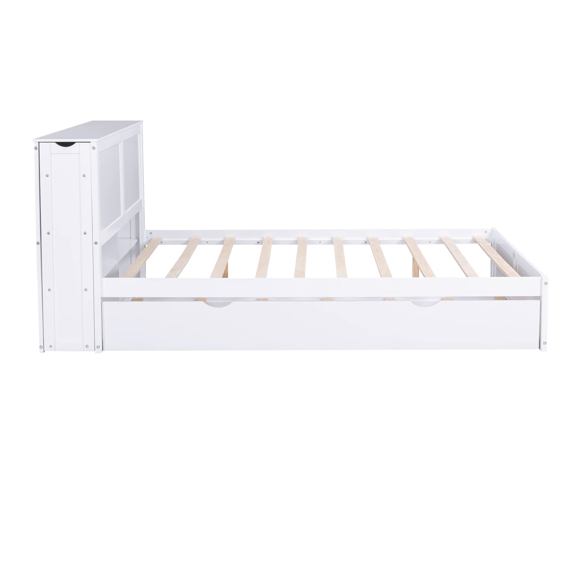 Lifeand Queen Size Storage Platform Wooden Bed with Pull Out Shelves and Twin XL Size Trundle, White