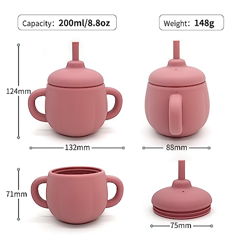 Santi & Me 2-1 Silicone Straw Cup for Baby, Spill-proof Sippy Cup for Babies 6-12-18 Month, Open Training Water Cups with Easy-Hold Handle, Baby Led Weaning Cups - BPA Free - 8.8oz (Dark pink)