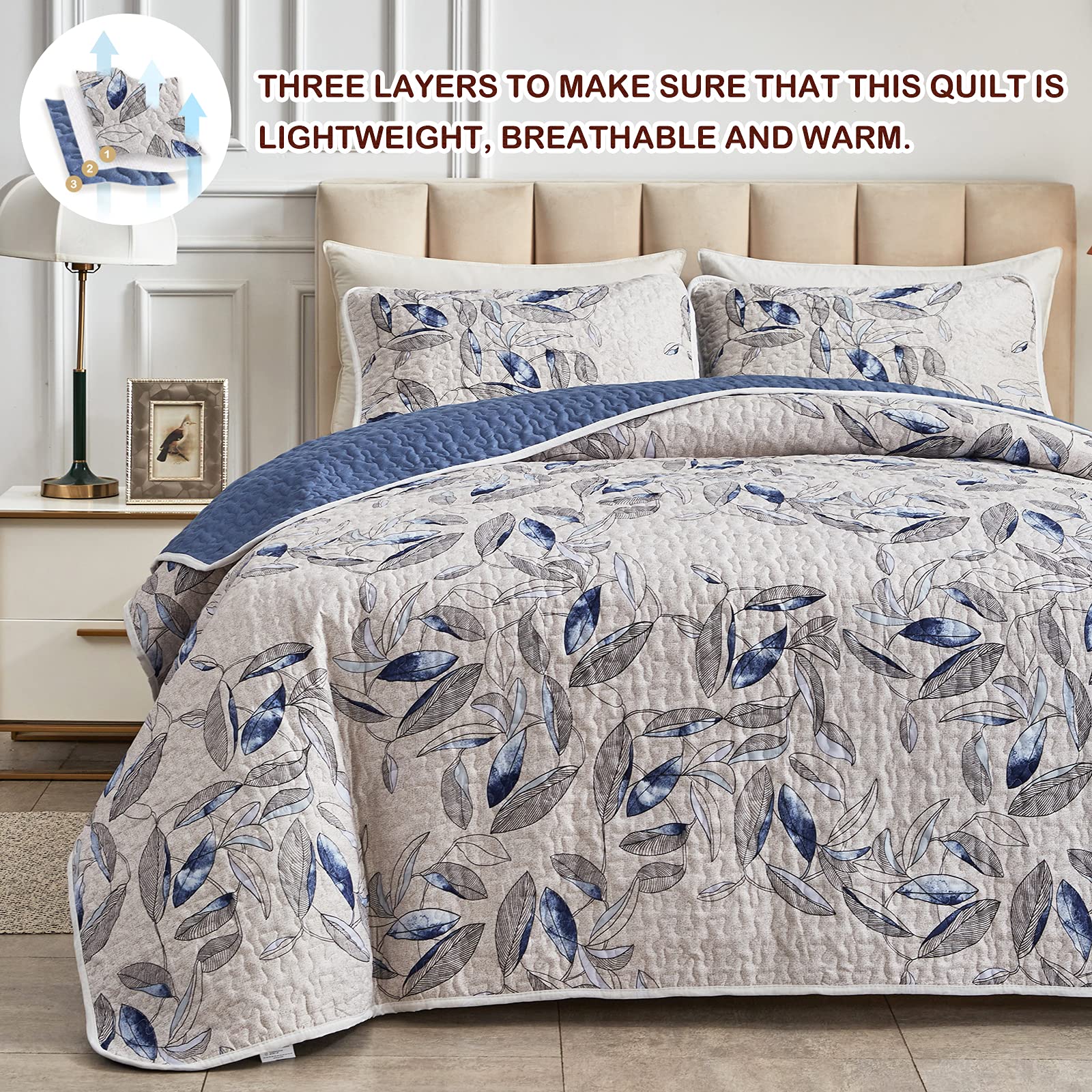 Joyreap 2 Pieces Microfiber Quilt Set, Botanical Blue Leaves on Light Gray Reversible Design, Bedspread Bed Cover for All Season, 1 Quilt and 1 Pillow Sham (Twin, 68x86 inches)