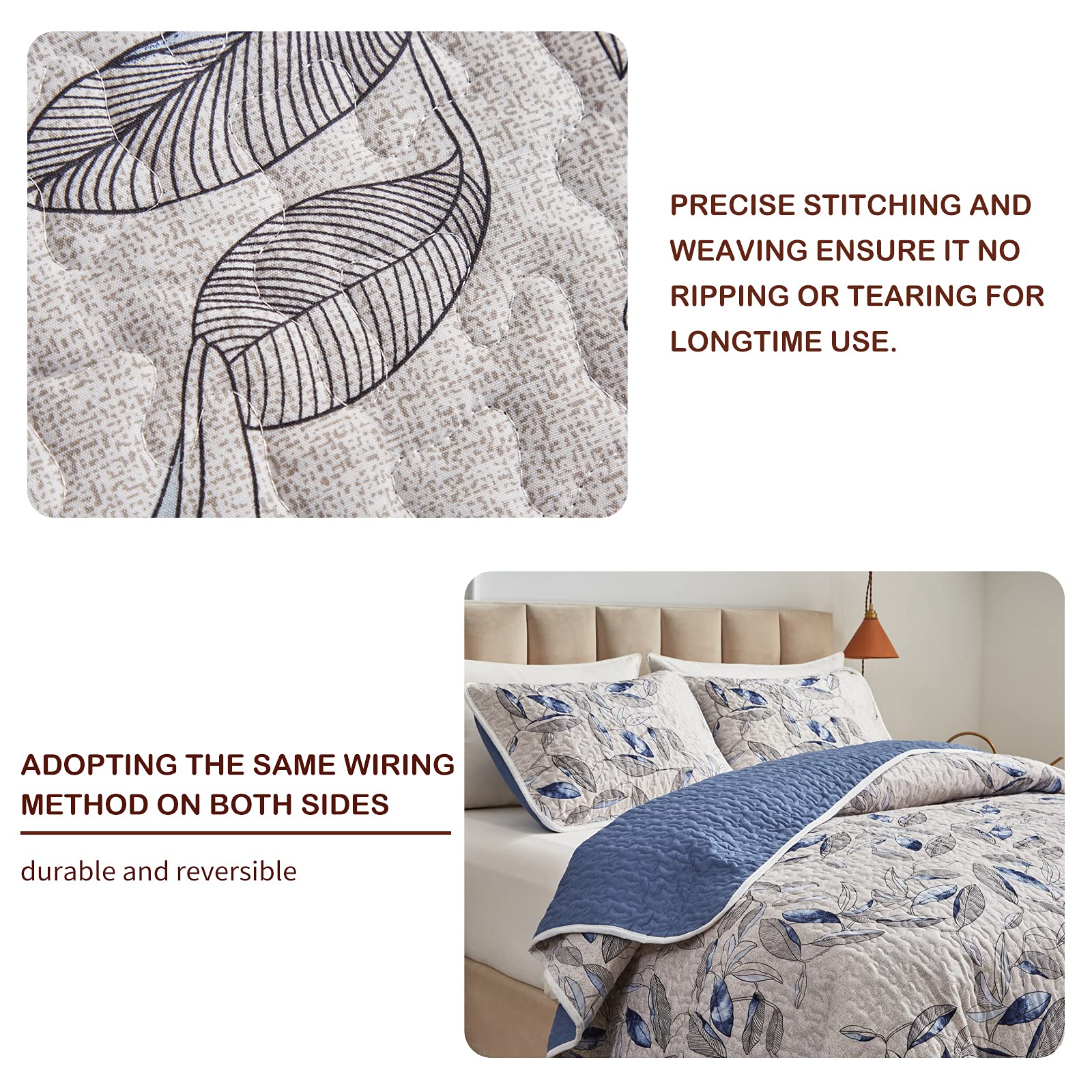 Joyreap 2 Pieces Microfiber Quilt Set, Botanical Blue Leaves on Light Gray Reversible Design, Bedspread Bed Cover for All Season, 1 Quilt and 1 Pillow Sham (Twin, 68x86 inches)