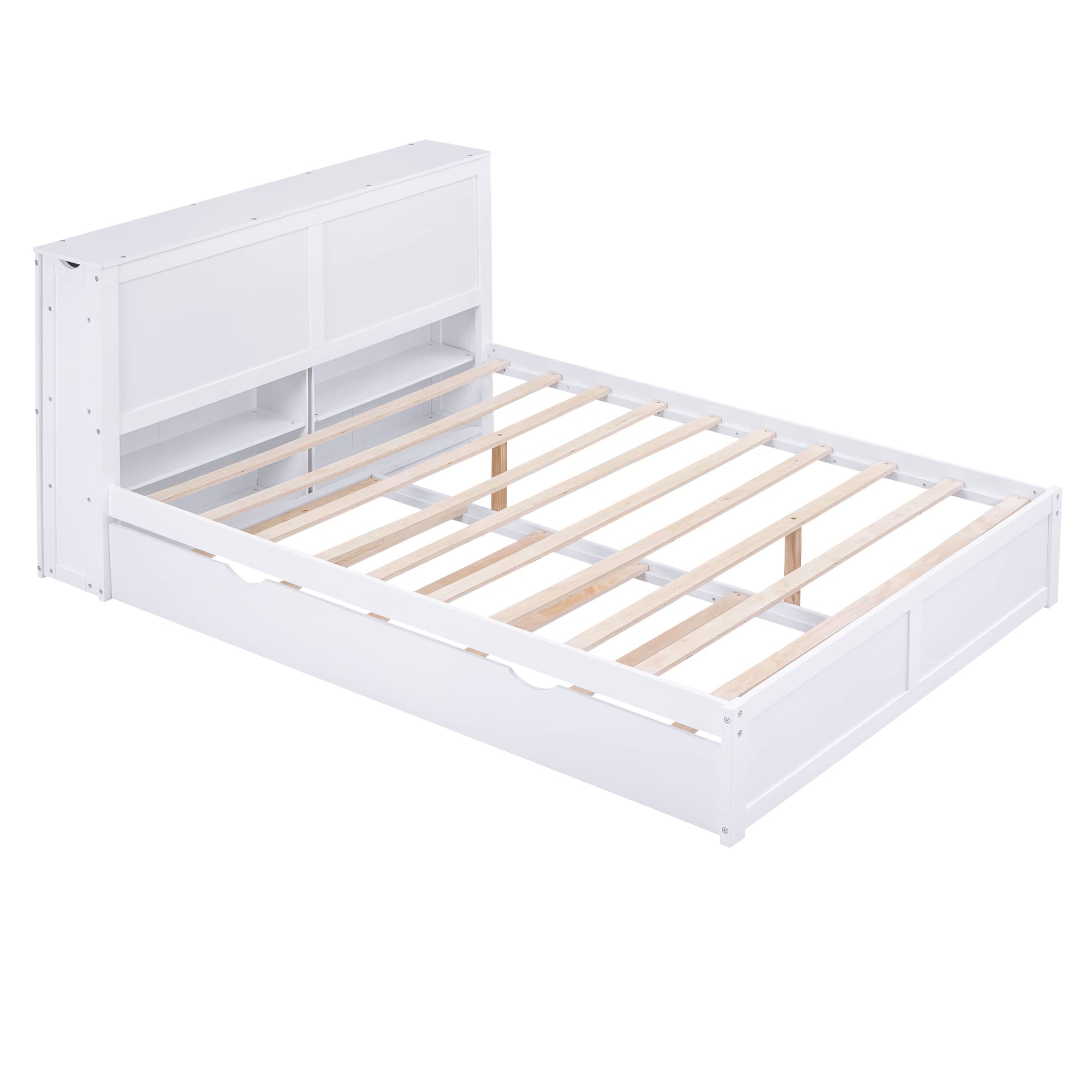 Lifeand Queen Size Storage Platform Wooden Bed with Pull Out Shelves and Twin XL Size Trundle, White