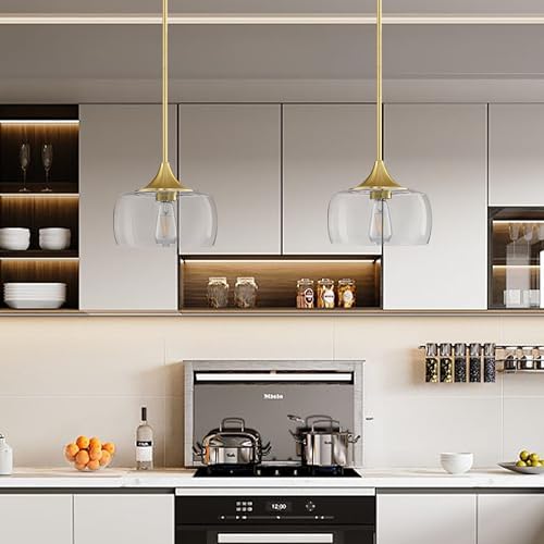 1 Light Semi Flush Mount Ceiling Light Pendant Light Modern Handblown Clear Glass Shade Classic for Farmhouse, Entryway, Dining Room, Kitchen Island (1 Pack, 10" Gold Pendant Light)