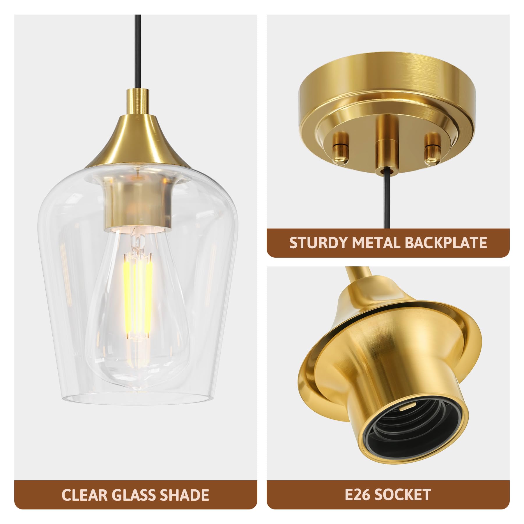 VONLUCE Pendant Light Kitchen Island, Brushed Gold Pendant Light Fixture with E26 Base & Adjustable Cable, Modern Pendant Lighting with Glass Shade for Living Room Bedroom Hallway