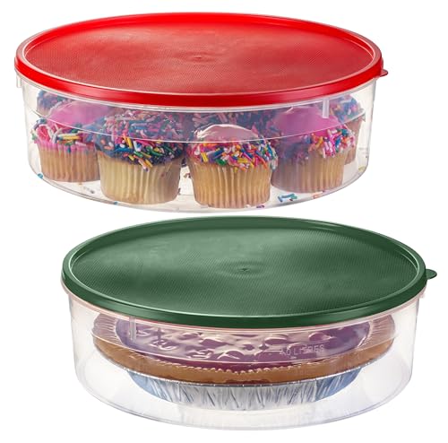 Zilpoo 2 Pack Plastic Round Food Storage Containers with Lid, 10.5" Covered Pie Keeper, Christmas Cookie, Cupcake Carrier, Cheesecake Holder, Red & Green