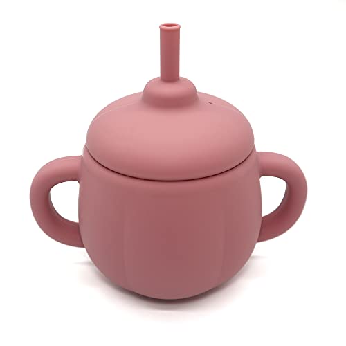 Santi & Me 2-1 Silicone Straw Cup for Baby, Spill-proof Sippy Cup for Babies 6-12-18 Month, Open Training Water Cups with Easy-Hold Handle, Baby Led Weaning Cups - BPA Free - 8.8oz (Dark pink)