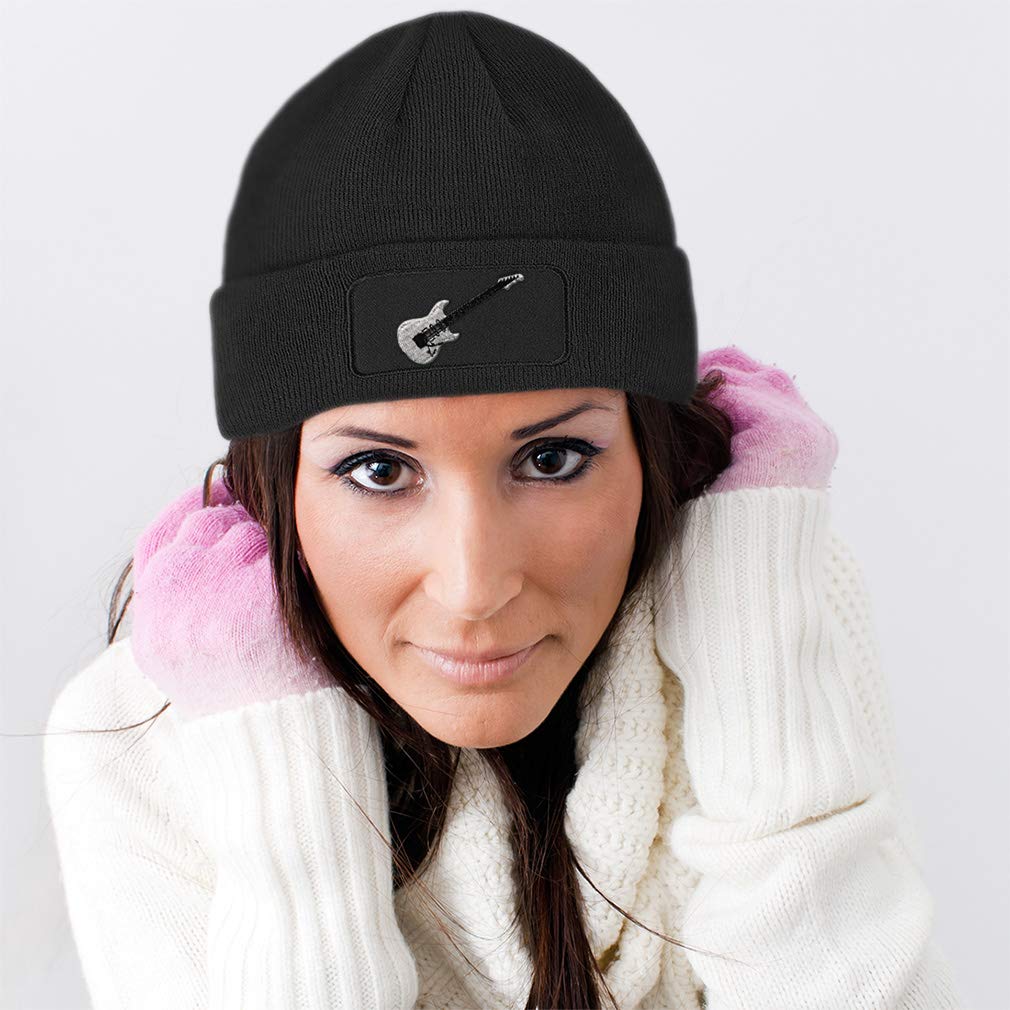 Custom Patch Beanie Electric Guitar White Embroidery Acrylic Skull Cap Hats for Men & Women Dark Grey Design Only