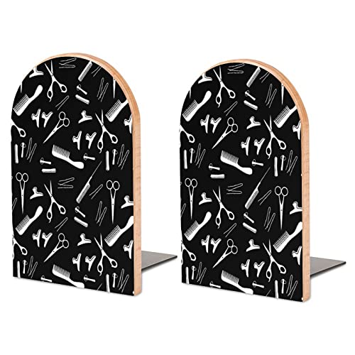 Donnapink Seamless White Silhouettes of Hairdressing Tools on Black Dark 1 Pair Book Shelf Holder, Non-Slip Wooden Bookends Book Ends Holder Stand for Shelves Home Office Library Study Decor M