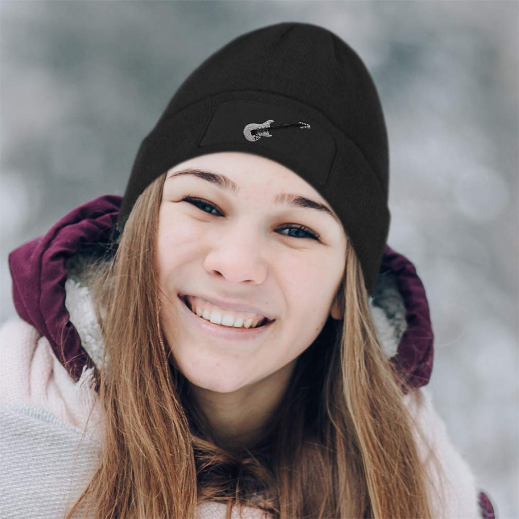 Custom Patch Beanie Electric Guitar White Embroidery Acrylic Skull Cap Hats for Men & Women Dark Grey Design Only