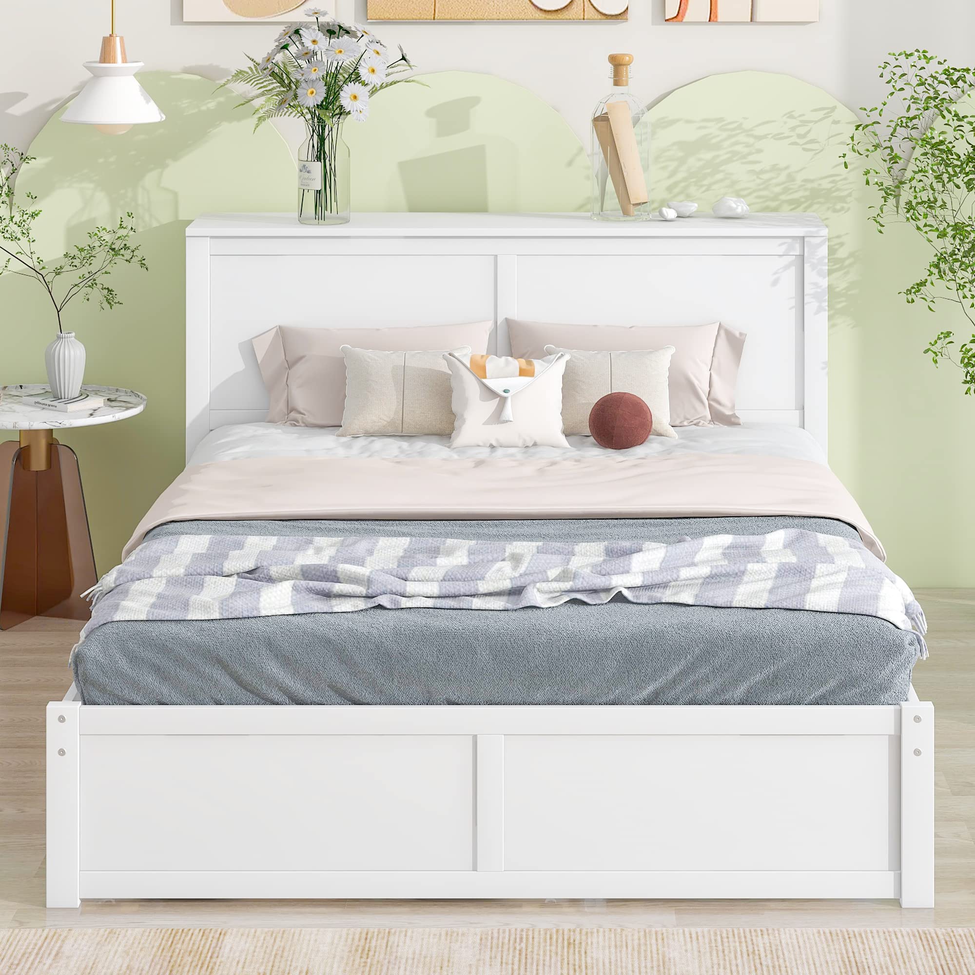 Lifeand Queen Size Storage Platform Wooden Bed with Pull Out Shelves and Twin XL Size Trundle, White