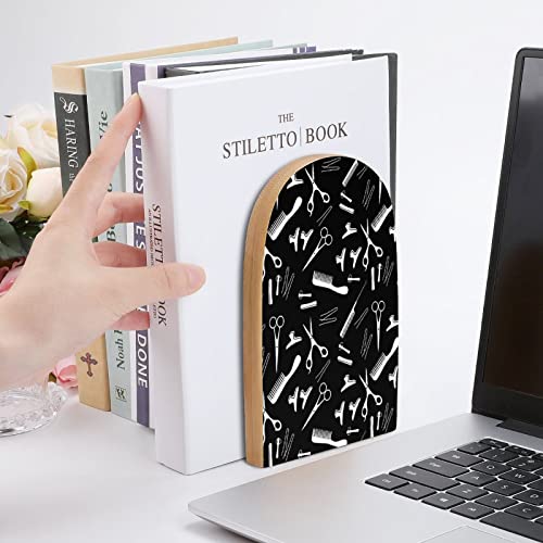 Donnapink Seamless White Silhouettes of Hairdressing Tools on Black Dark 1 Pair Book Shelf Holder, Non-Slip Wooden Bookends Book Ends Holder Stand for Shelves Home Office Library Study Decor M