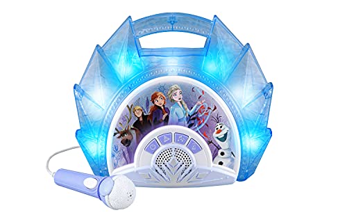 eKids Frozen Sing Along Boom Box Speaker with Microphone for Fans of Frozen Toys for Girls, Kids Karaoke Machine with Built in Music and Flashing Lights , Blue, 3.5mm Audio Jack