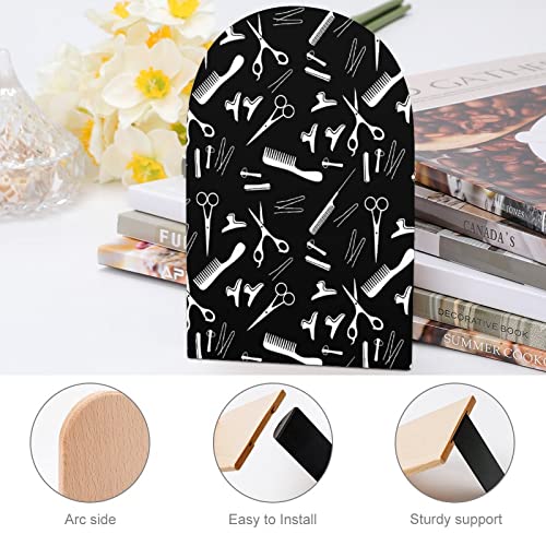 Donnapink Seamless White Silhouettes of Hairdressing Tools on Black Dark 1 Pair Book Shelf Holder, Non-Slip Wooden Bookends Book Ends Holder Stand for Shelves Home Office Library Study Decor M