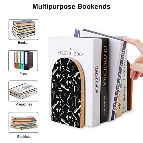 Donnapink Seamless White Silhouettes of Hairdressing Tools on Black Dark 1 Pair Book Shelf Holder, Non-Slip Wooden Bookends Book Ends Holder Stand for Shelves Home Office Library Study Decor M