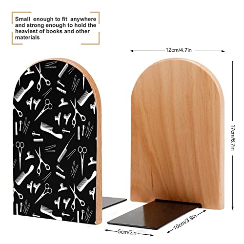 Donnapink Seamless White Silhouettes of Hairdressing Tools on Black Dark 1 Pair Book Shelf Holder, Non-Slip Wooden Bookends Book Ends Holder Stand for Shelves Home Office Library Study Decor M