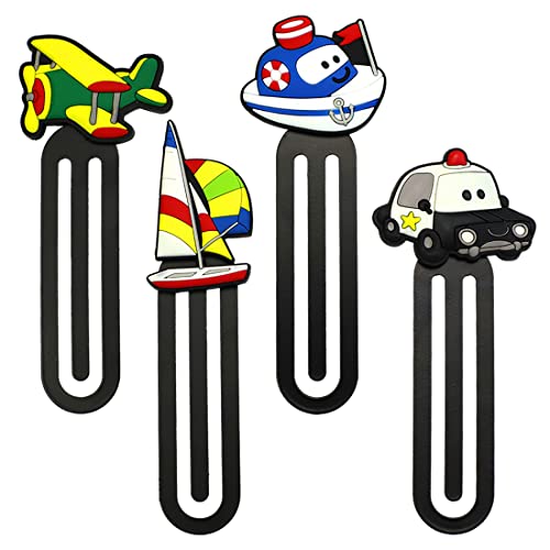 STRONGER 4 Pack Car Bookmarks for Kids 3D Non-Slip Transportation Bookmark & Airplane Page Holder Unique Sailboat Gift Idea PVC Book Marker Reading Accessories 100th Day of School Gift,Boys,Students