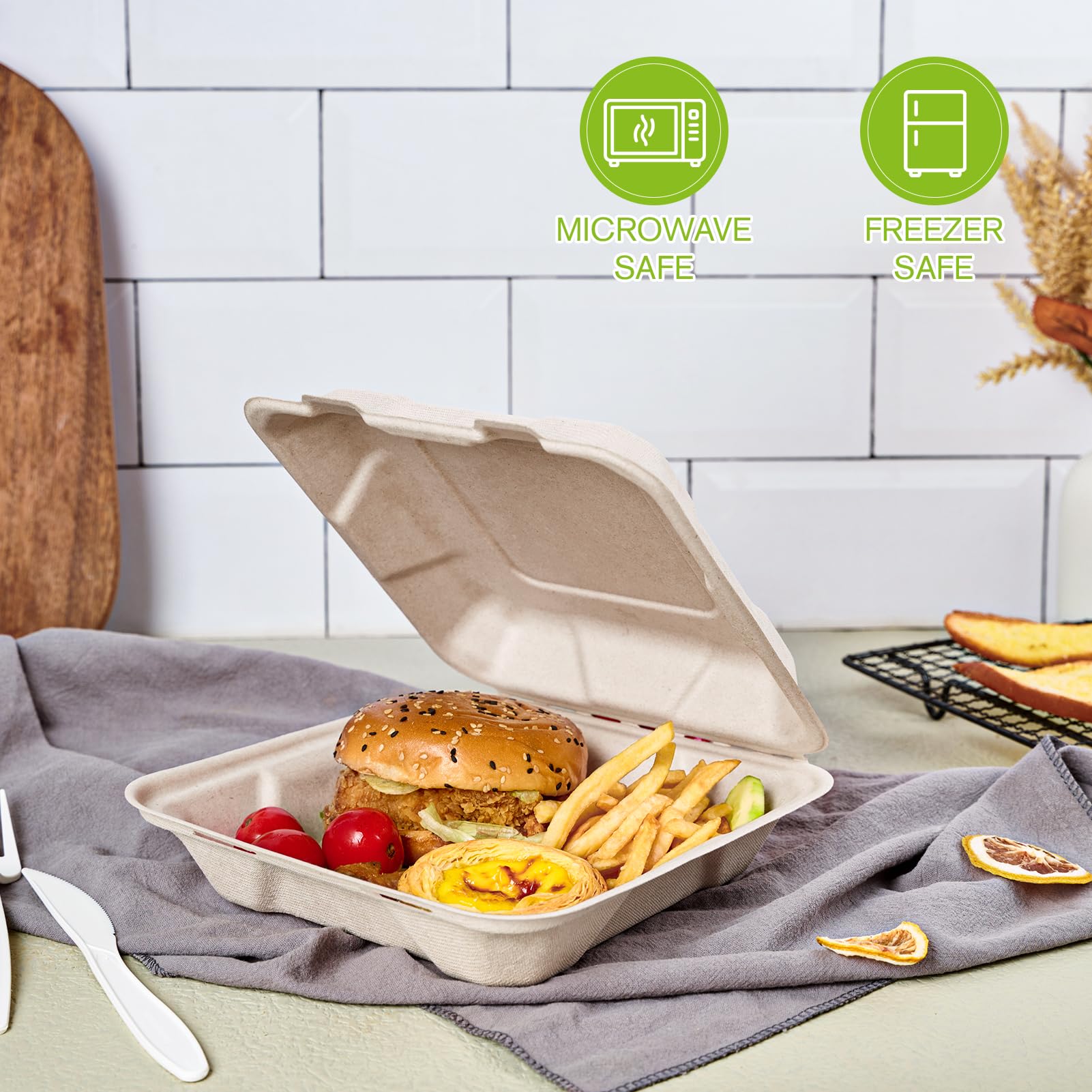 ECOLipak 50 Pack Clamshell To Go Containers, 100% Compostable Disposable Take Out Food Containers, 8X8 inch Heavy-Duty To Go Boxes, Eco-Friendly Biodegradable To Go Containers For Food