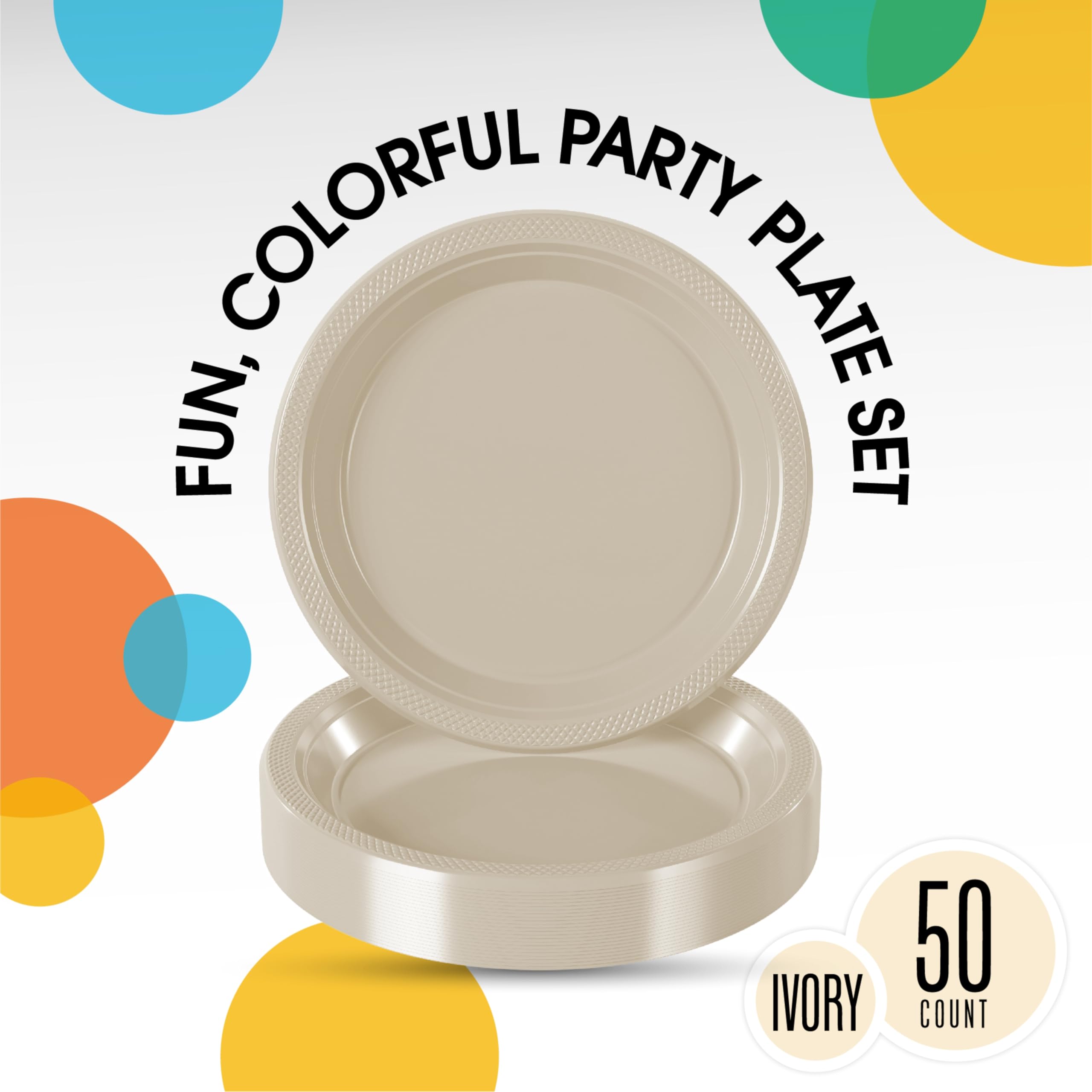 Exquisite Ivory Plastic Plates For Party 7" Ivory Disposable Plates For Party Supplies 50 Pcs Disposable Dinner Plate Heavy Duty 350 GSM Plate Sets, Plastic Dinnerware Sets