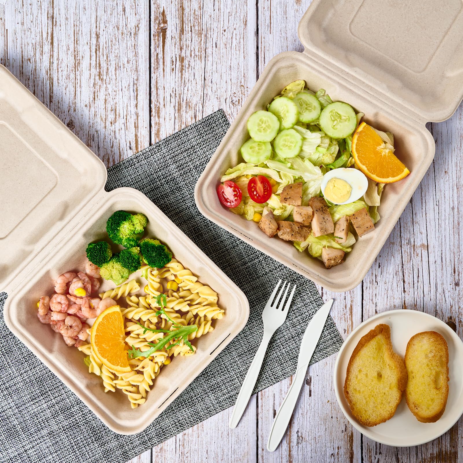 ECOLipak 50 Pack Clamshell To Go Containers, 100% Compostable Disposable Take Out Food Containers, 8X8 inch Heavy-Duty To Go Boxes, Eco-Friendly Biodegradable To Go Containers For Food