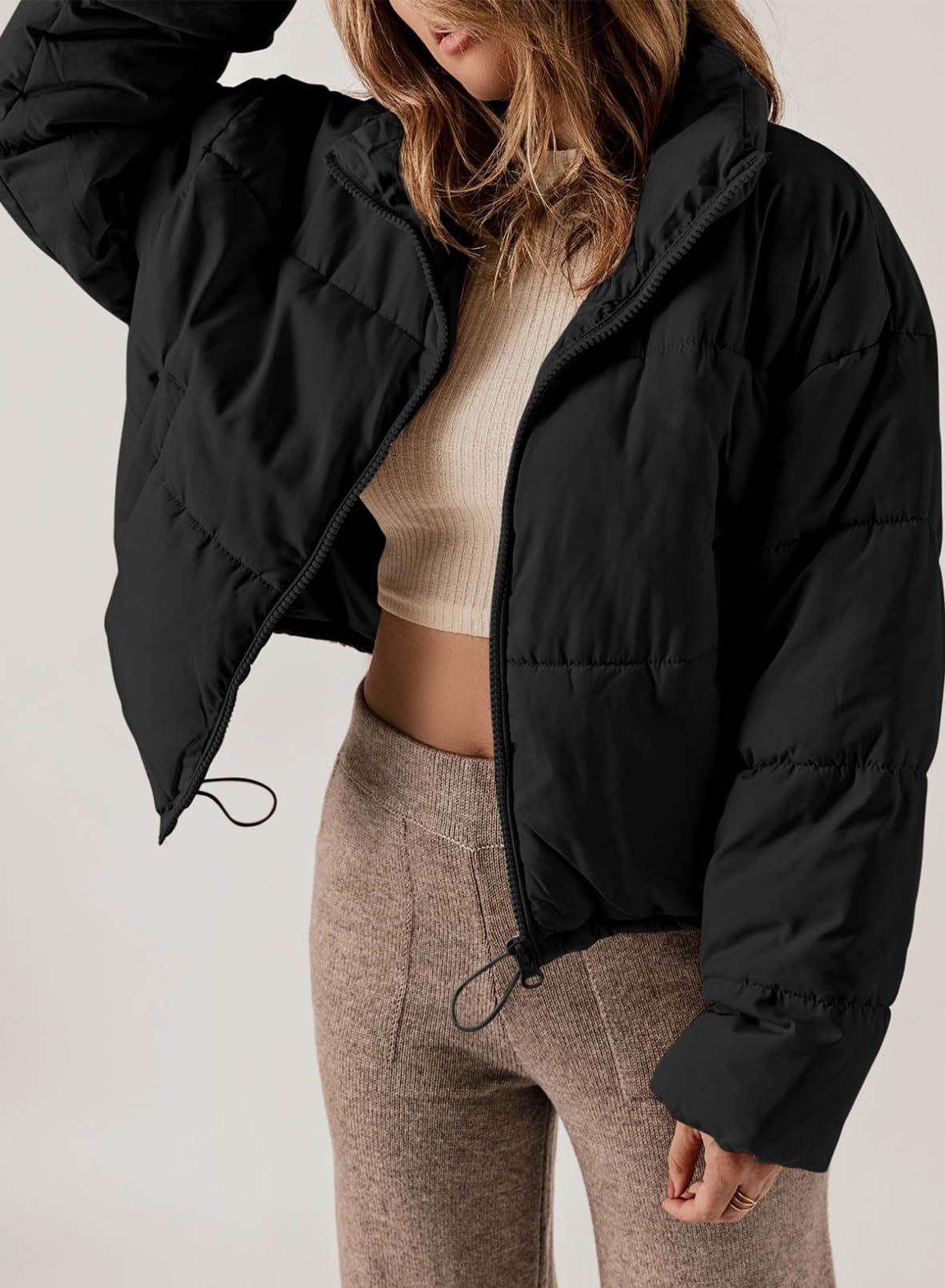 Dokotoo Puffer Jacket Womens Winter Casual Quilted Jackets Fashion Fall Full Zip Up Long Sleeve Drop Shoulder Oversized Stand Collar Padded Coats Baggy Warm Outerwear with Pockets Black X-Large