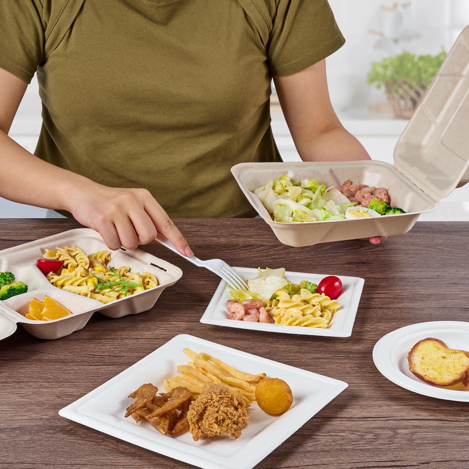 ECOLipak 50 Pack Clamshell To Go Containers, 100% Compostable Disposable Take Out Food Containers, 8X8 inch Heavy-Duty To Go Boxes, Eco-Friendly Biodegradable To Go Containers For Food