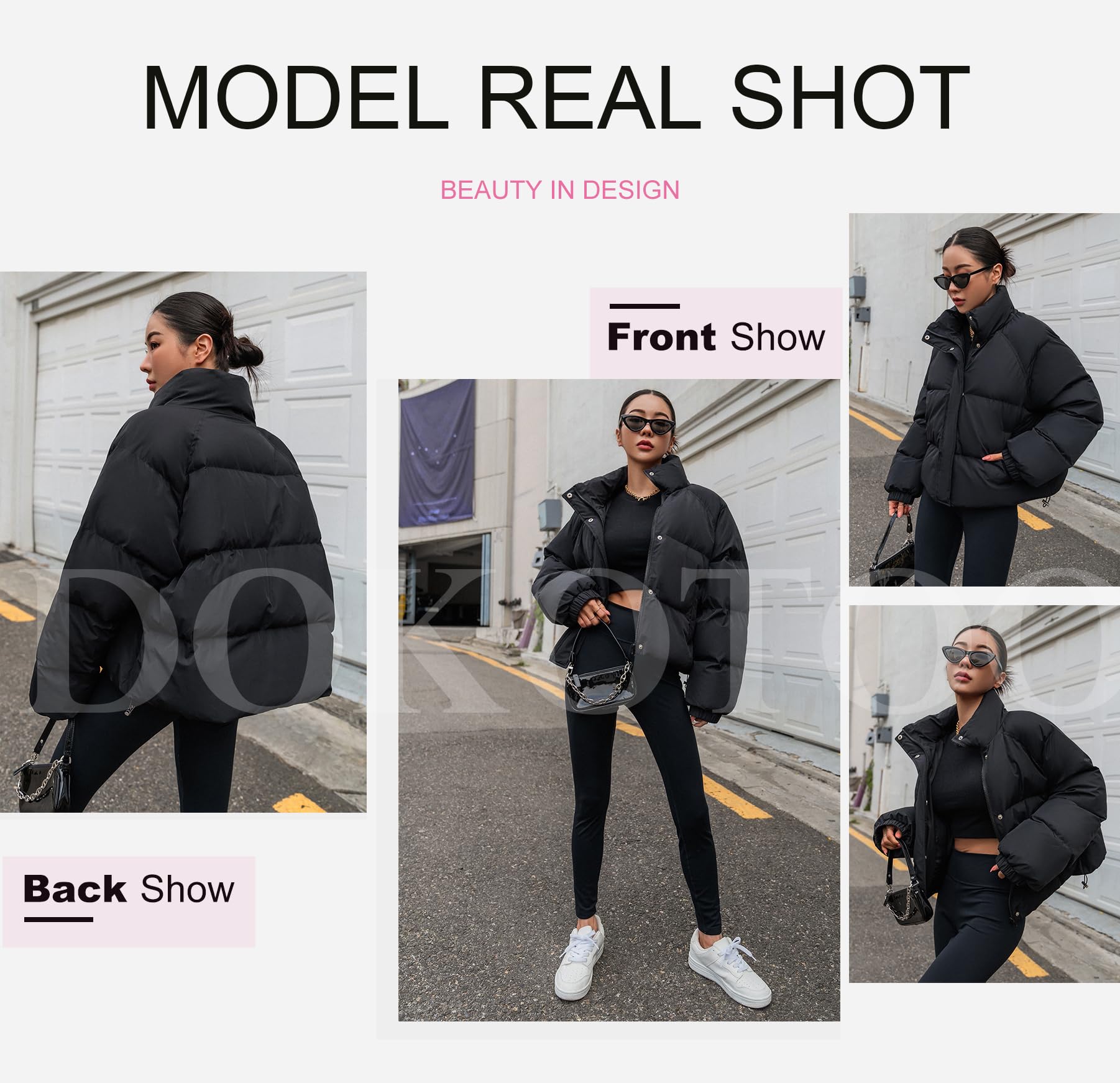 Dokotoo Puffer Jacket Womens Winter Casual Quilted Jackets Fashion Fall Full Zip Up Long Sleeve Drop Shoulder Oversized Stand Collar Padded Coats Baggy Warm Outerwear with Pockets Black X-Large