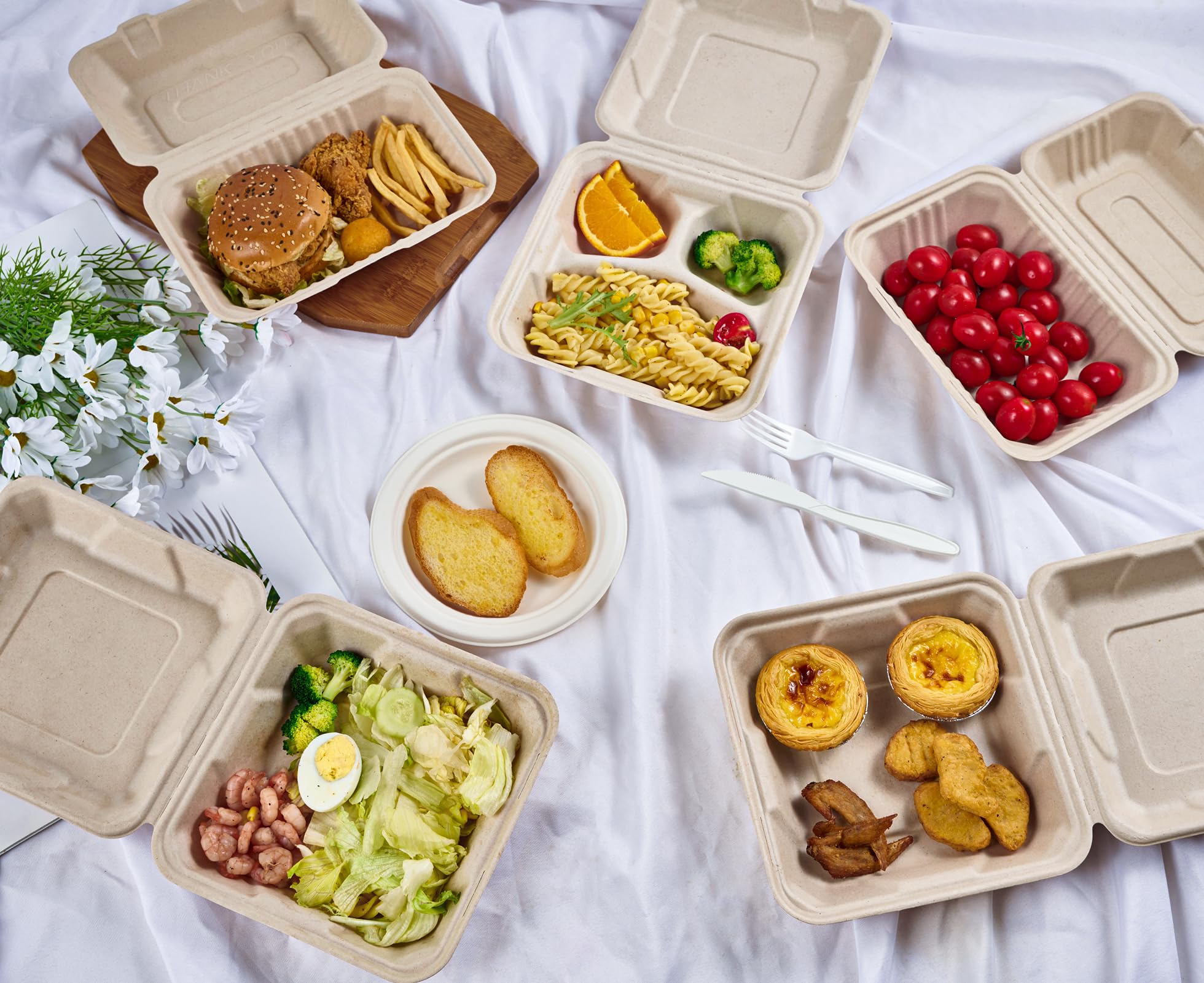 ECOLipak 50 Pack Clamshell To Go Containers, 100% Compostable Disposable Take Out Food Containers, 8X8 inch Heavy-Duty To Go Boxes, Eco-Friendly Biodegradable To Go Containers For Food