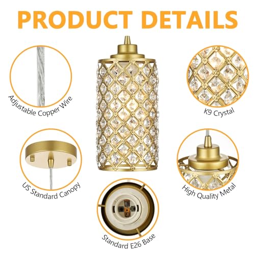 Niloah Gold Pendant Lights Kitchen Island, 1-Light Mini Single Gold Pendant Light, Adjustable Crystal Pendant Light, Kitchen Island Pendant Lighting